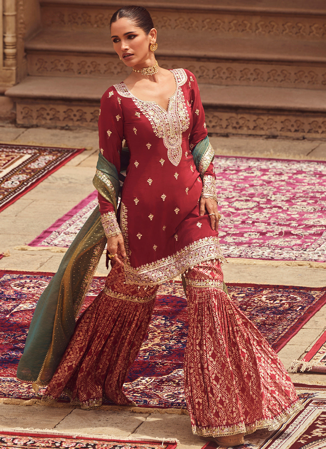 Maroon Embroidered Crepe Gharara Suit – Lashkaraa