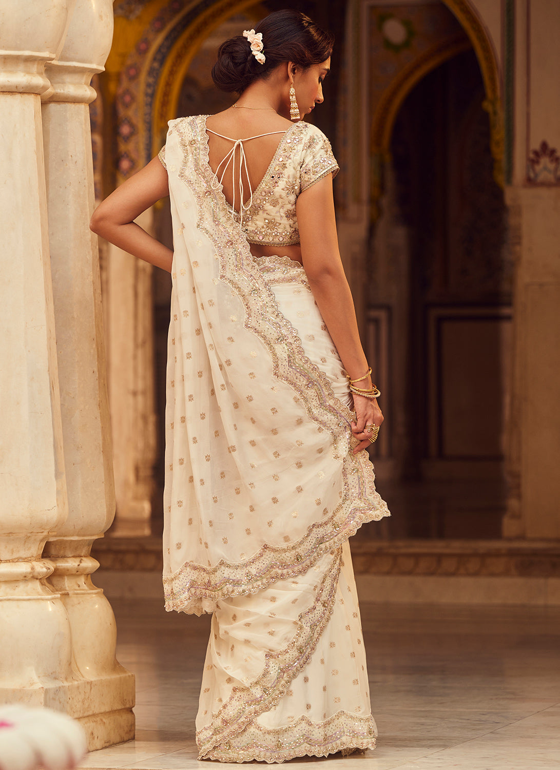 White Embroidered Brocade Saree – Lashkaraa
