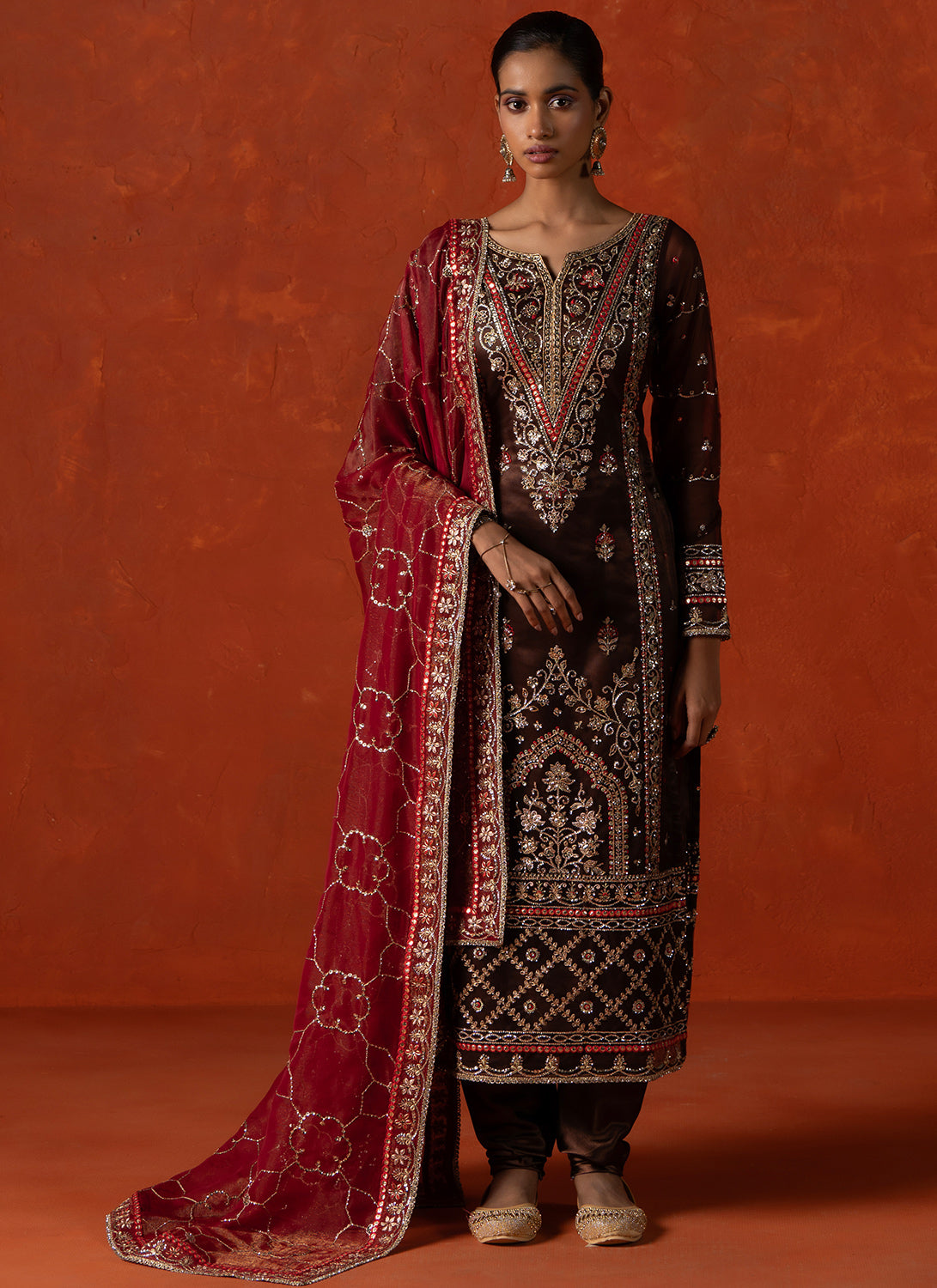 Dark Maroon and Maroon Embroidered Straight Suit – Lashkaraa