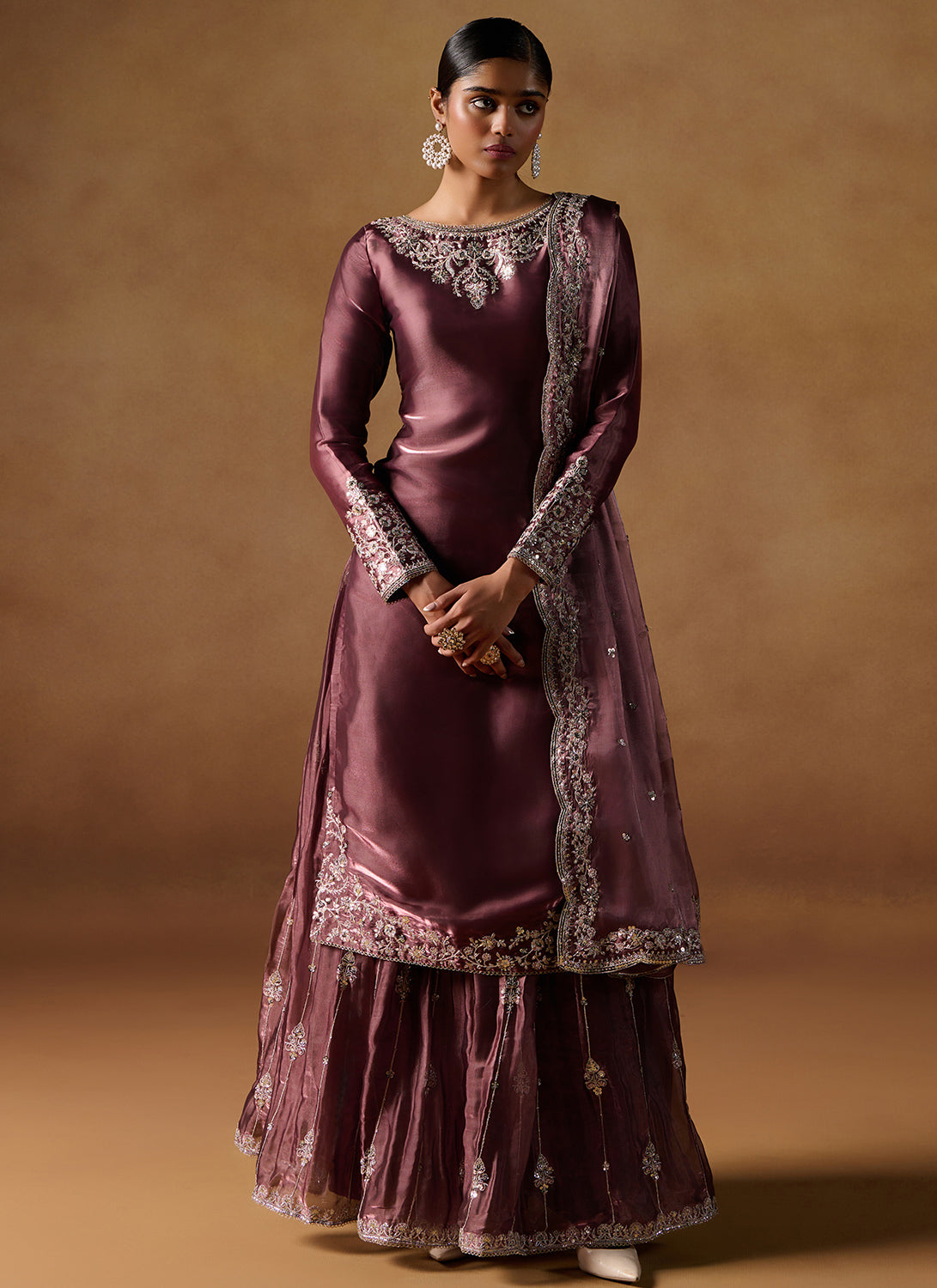 Deep Garnet Embroidered Tissue Sharara Suit – Lashkaraa