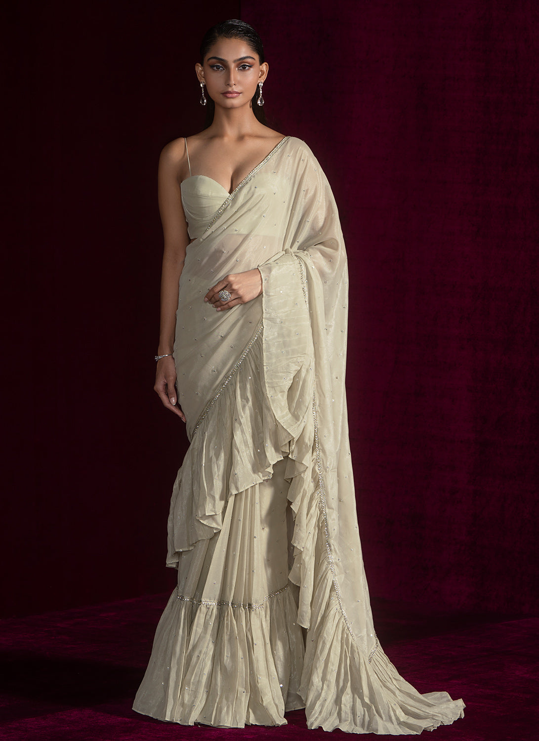 Dusty Green Embroidered Georgette Saree – Lashkaraa