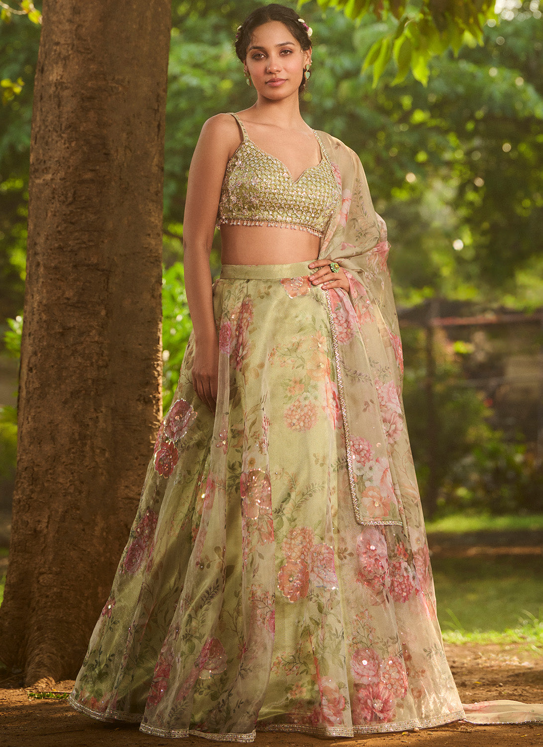 Dusty Green Floral Embroidered Lehenga – Lashkaraa