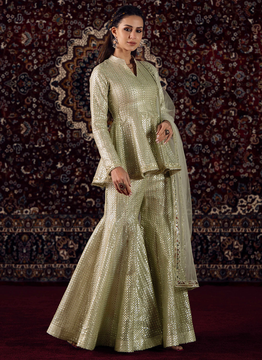 Light Grey Embroidered Viscose Tissue Sharara Suit
