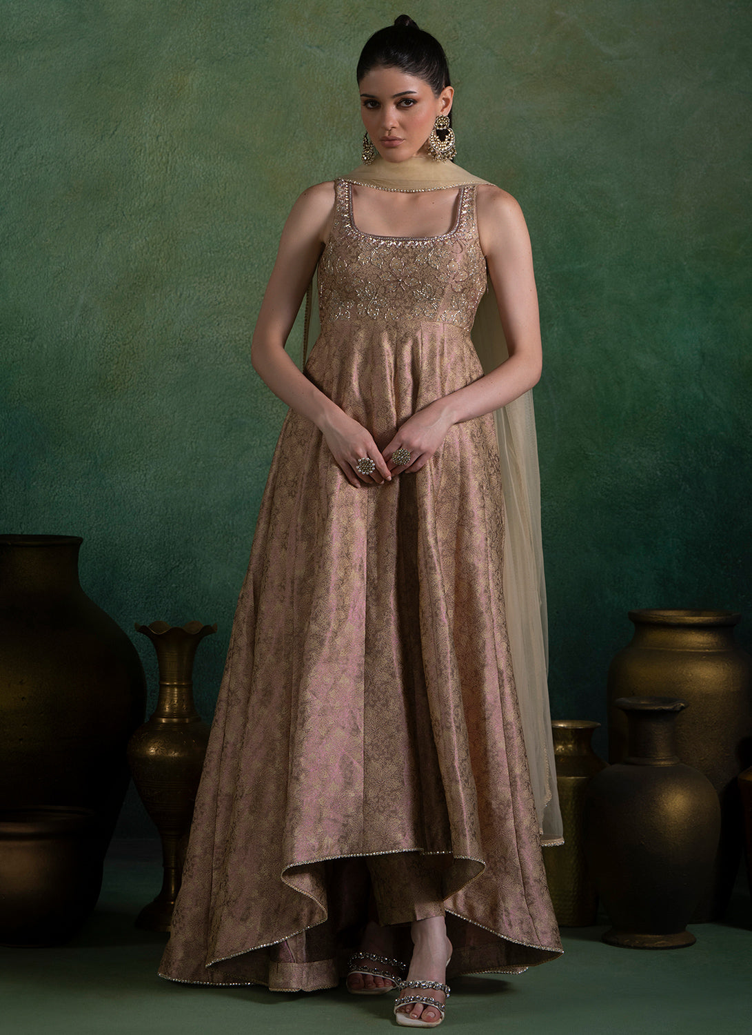 Golden Peach Embroidered Brocade Anarkali – Lashkaraa