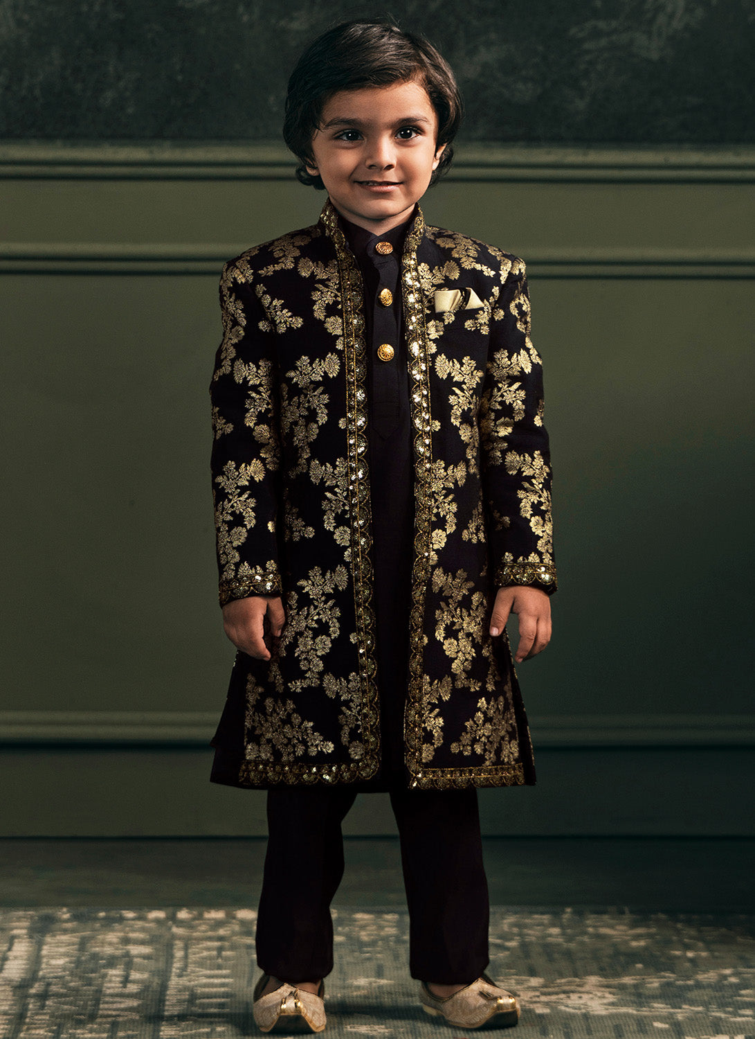 Kids Black Embroidered Brocade Sherwani Set