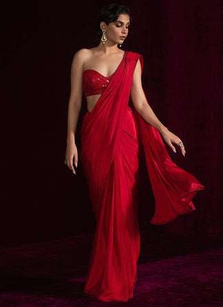 Red Embroidered Jacket Style Saree – Lashkaraa