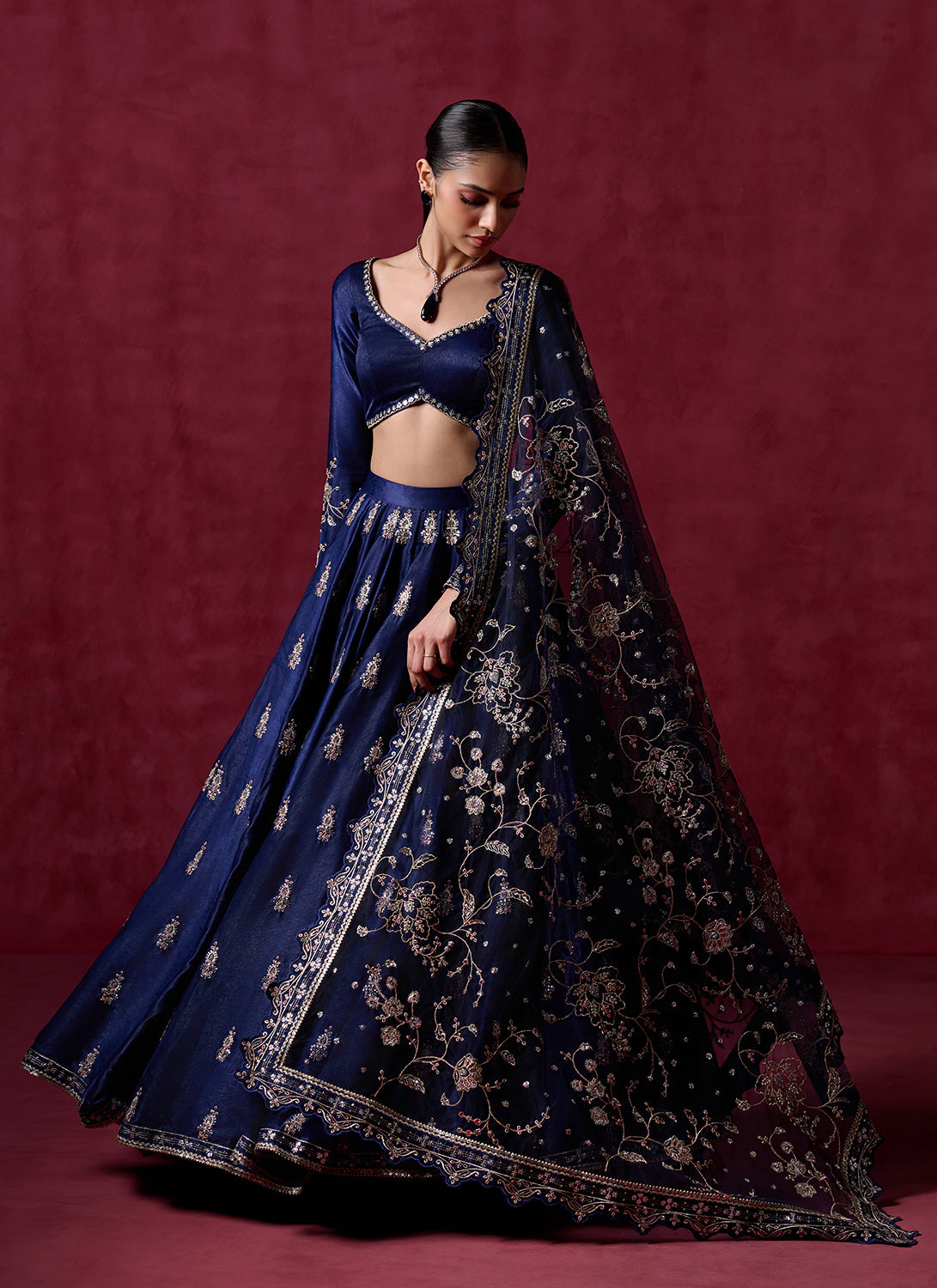Navy Blue Embroidered Satin Lehenga – Lashkaraa