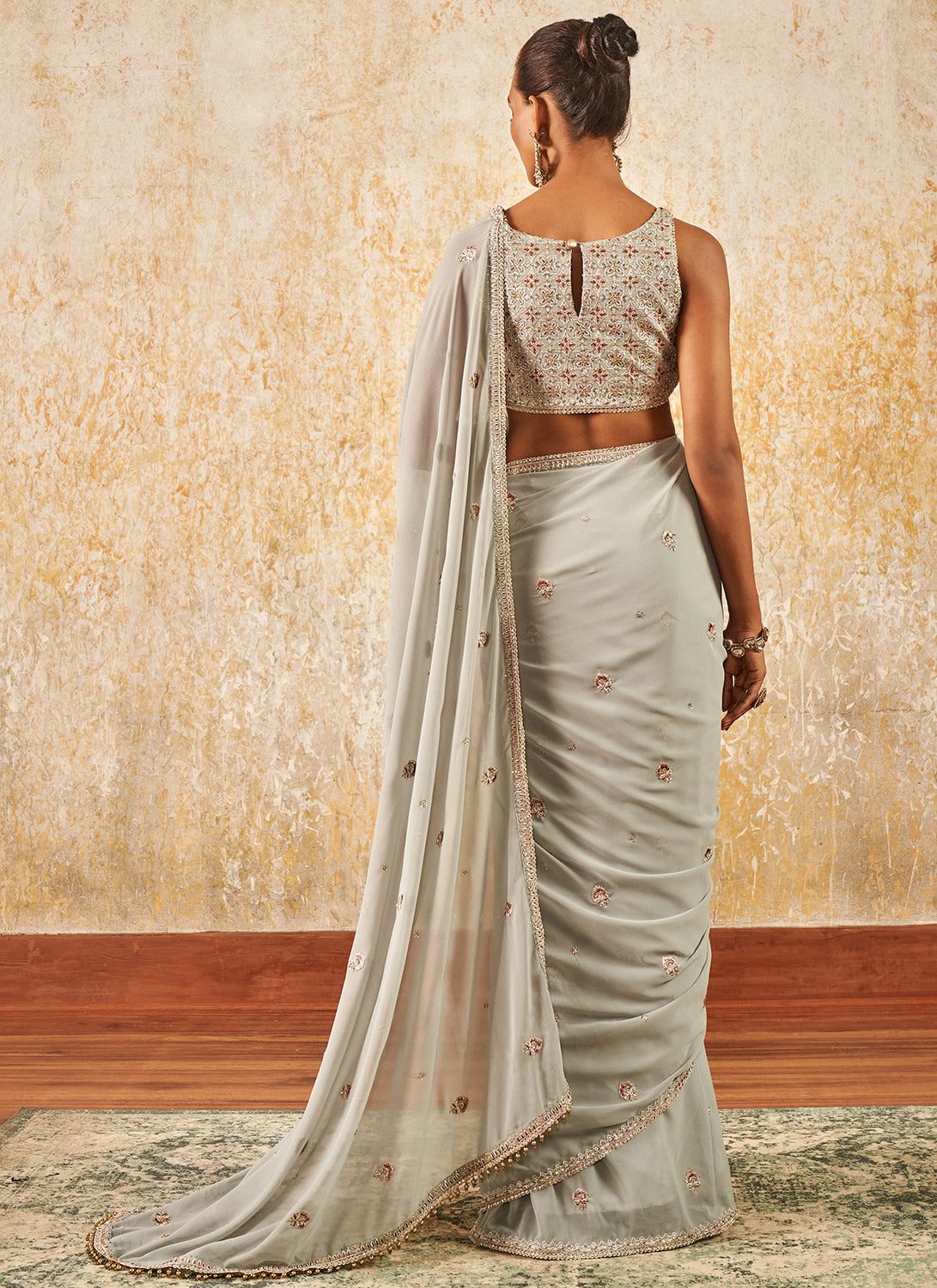 Light Grey Embroidered Saree – Lashkaraa