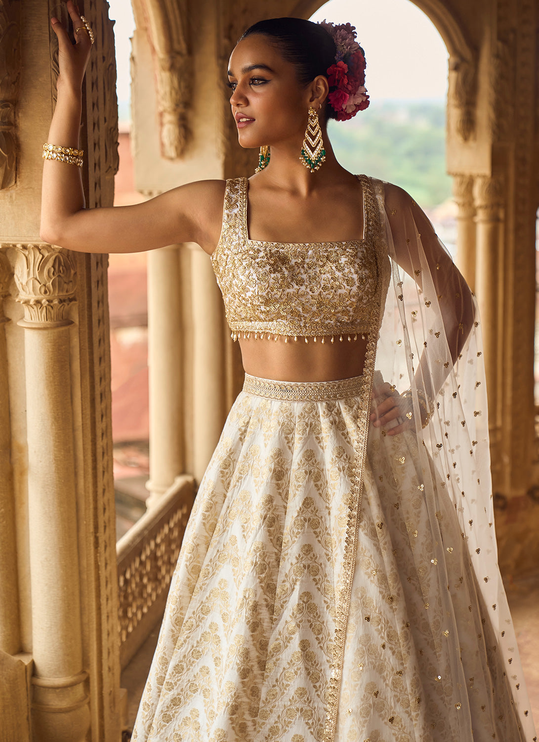 White Embroidered Brocade Lehenga – Lashkaraa
