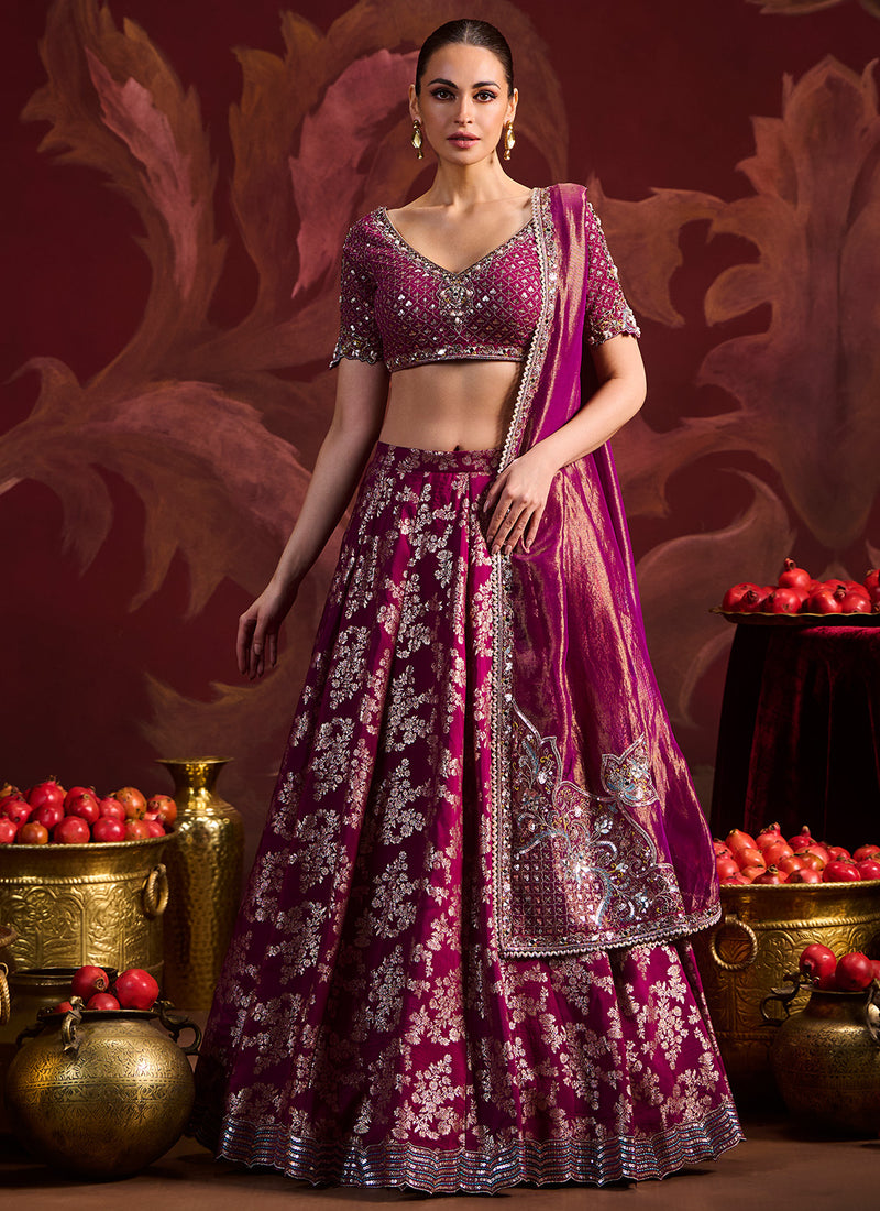 Magenta Embroidered Brocade Lehenga