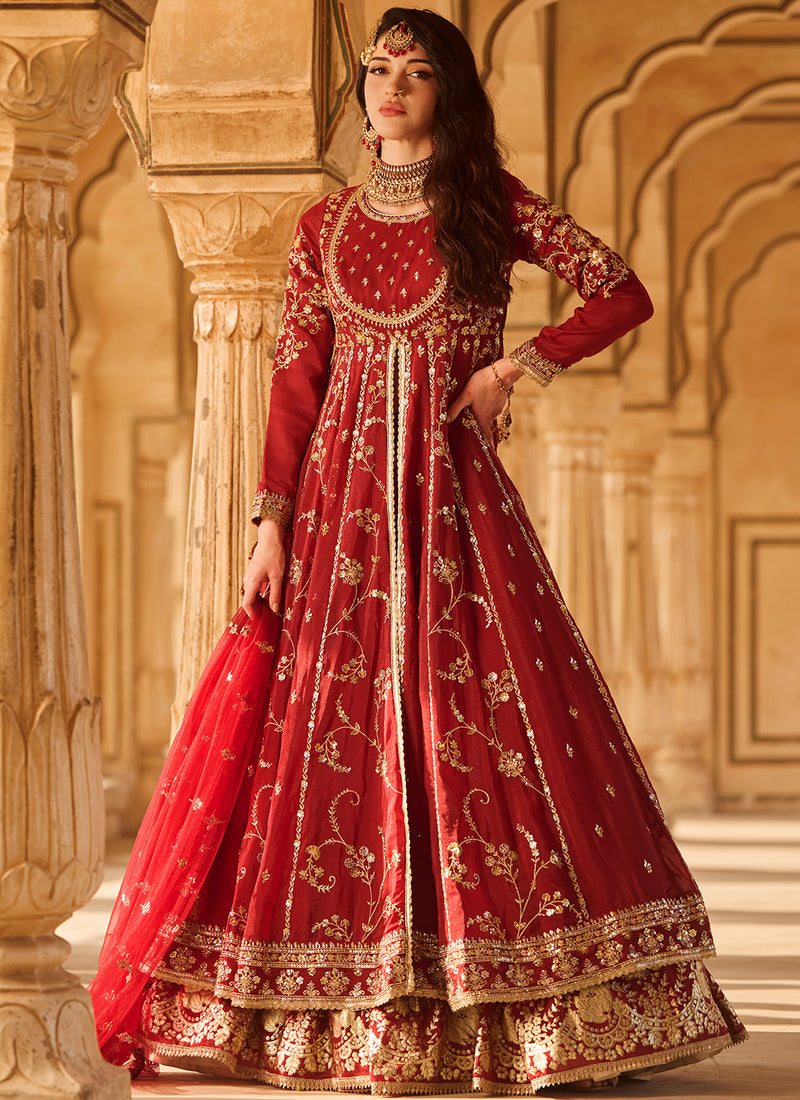 Maroon Embroidered Georgette Anarkali Stye Lehenga