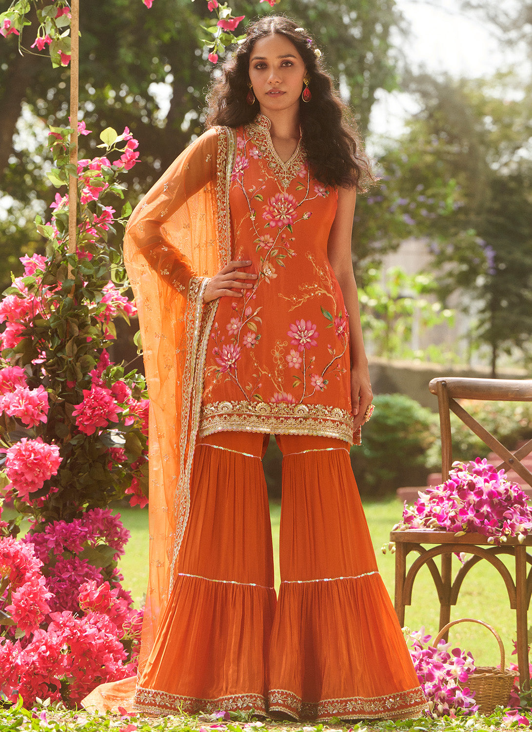 Orange Floral Embroidered Silk Gharara Suit