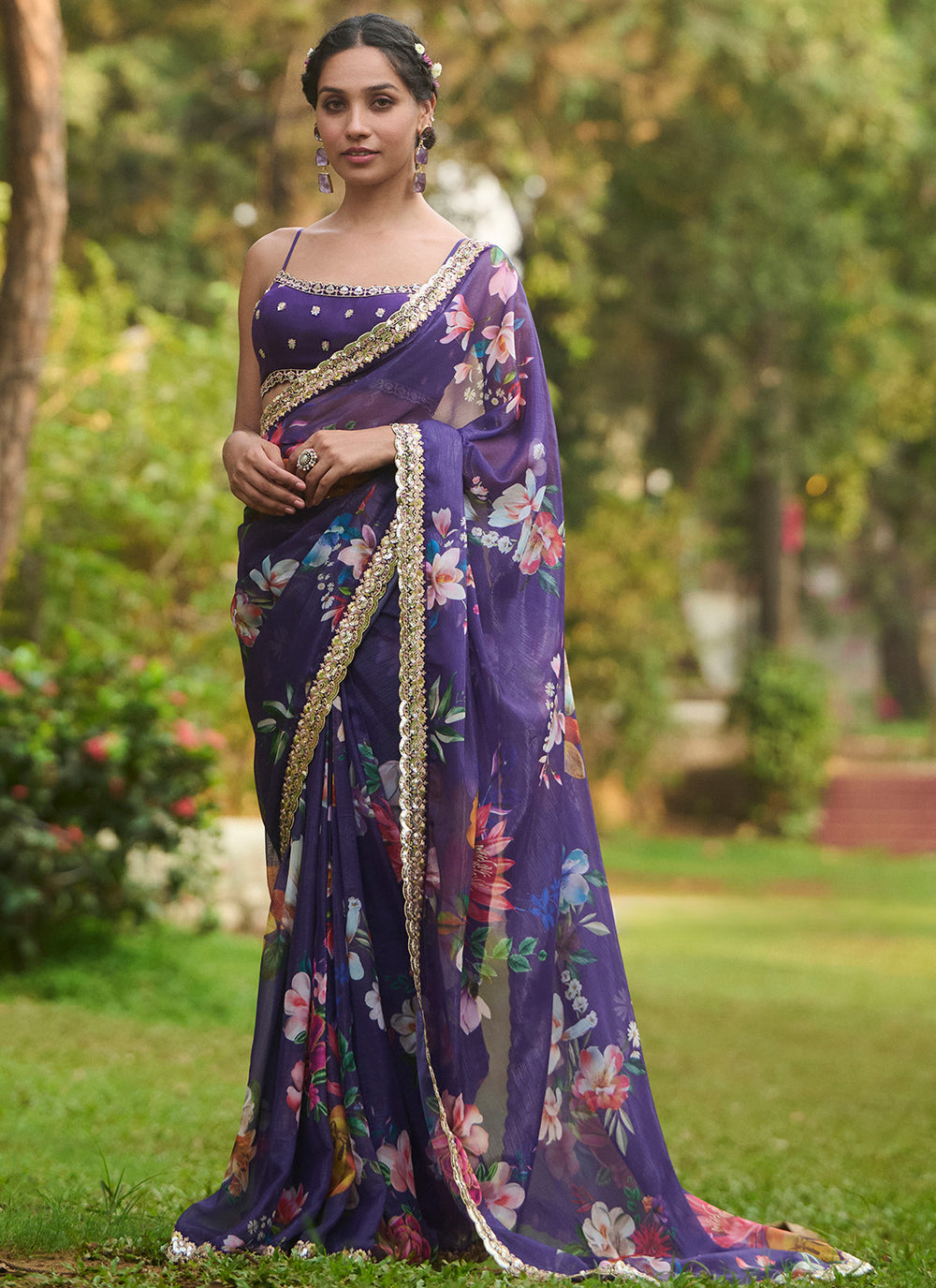 Purple Multicolor Floral Printed Saree