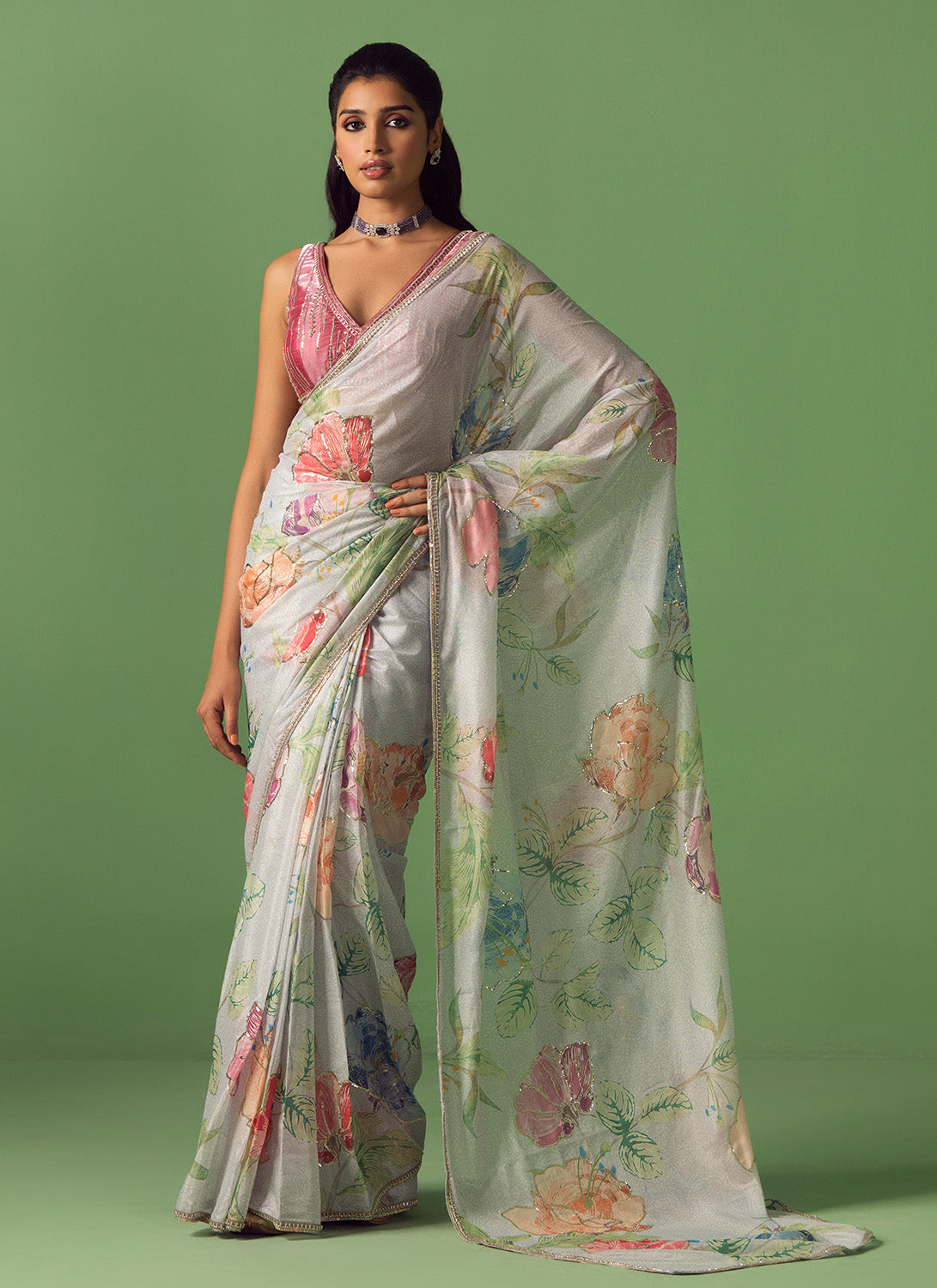 Soft Blue Multicolor Floral Printed Saree – Lashkaraa