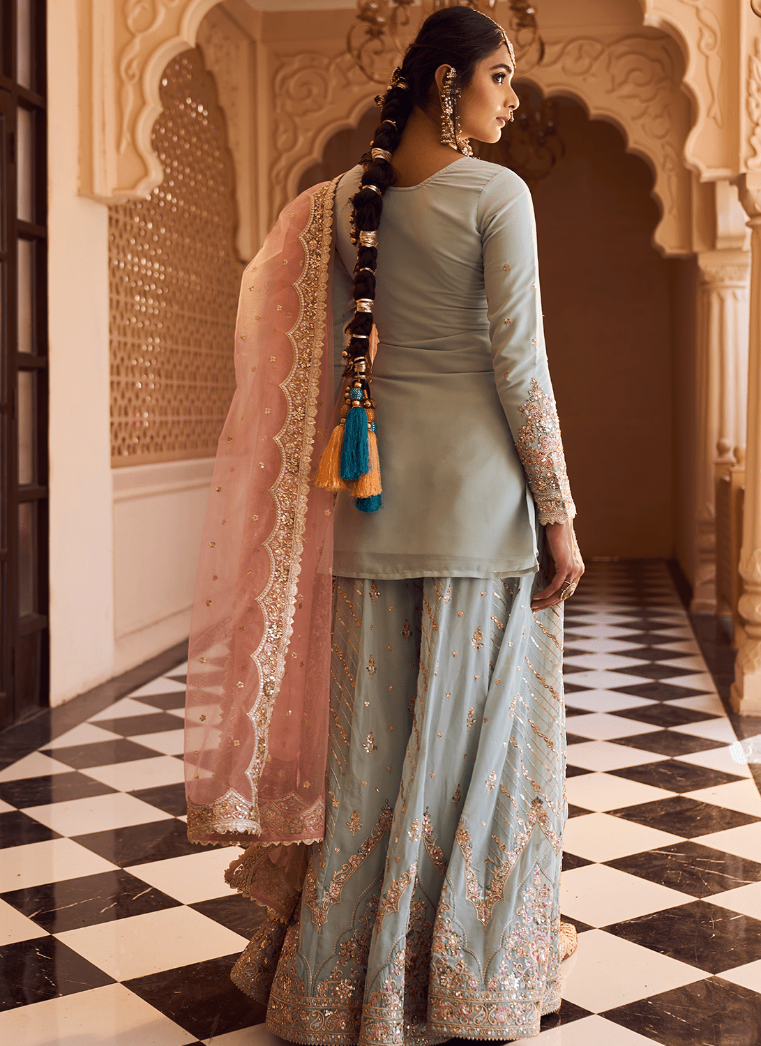 Dusty Mint and Pink Embroidered Sharara | Lashkaraa