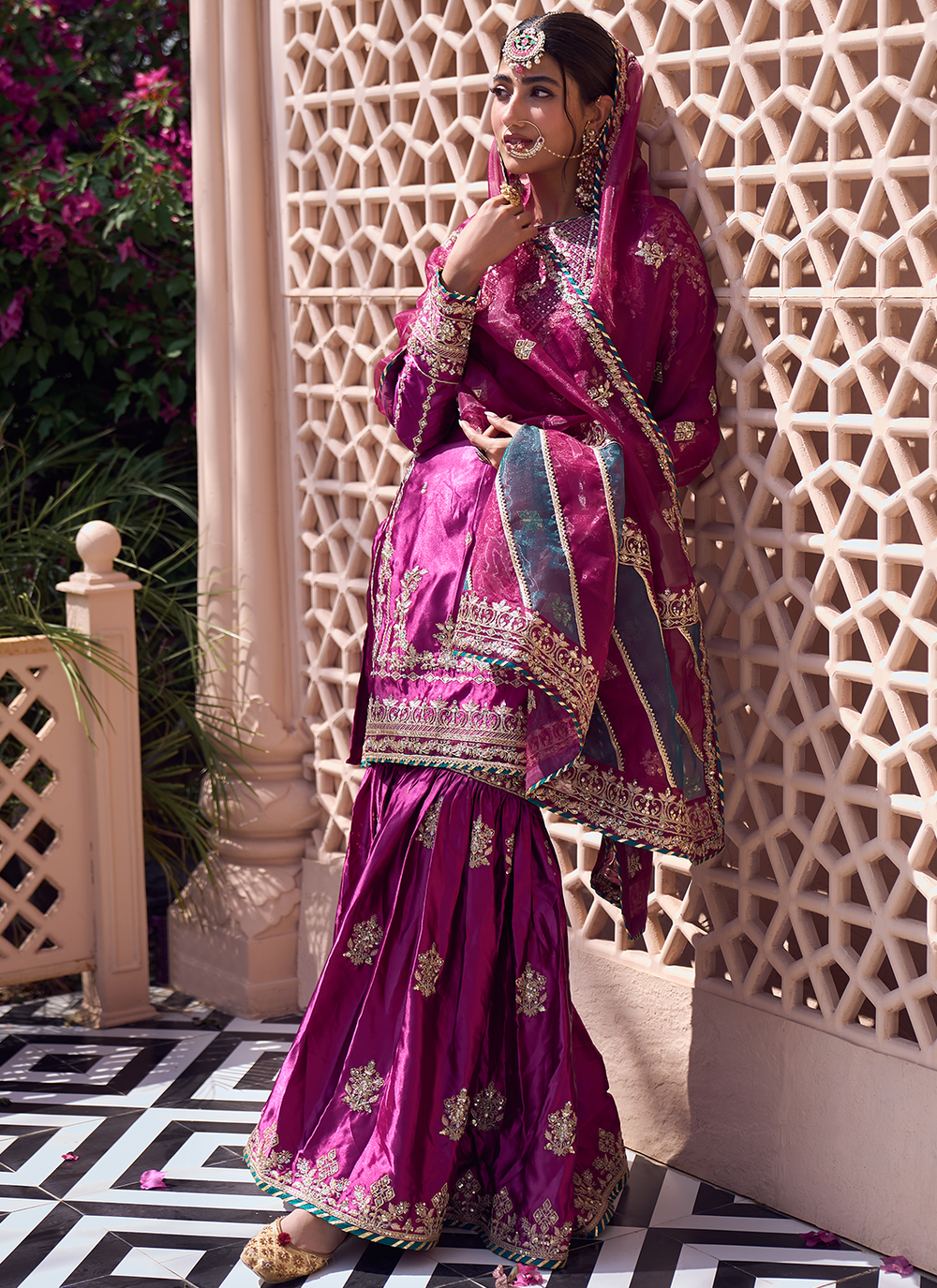Deep Wine Embroidered Gharara Suit