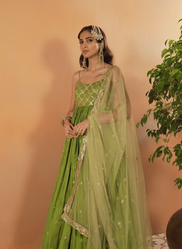 Mehendi Green Embroidered Anarkali – Lashkaraa