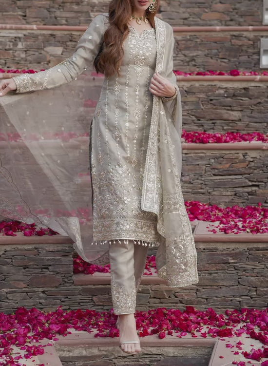Dusty Grey Embroidered Straight Suit – Lashkaraa