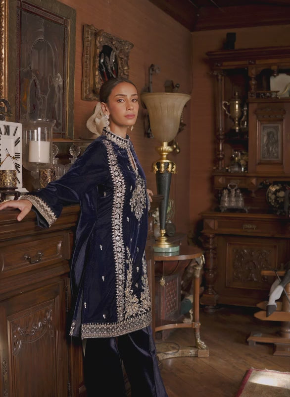 Blue Embroidered Velvet Pant Suit – Lashkaraa