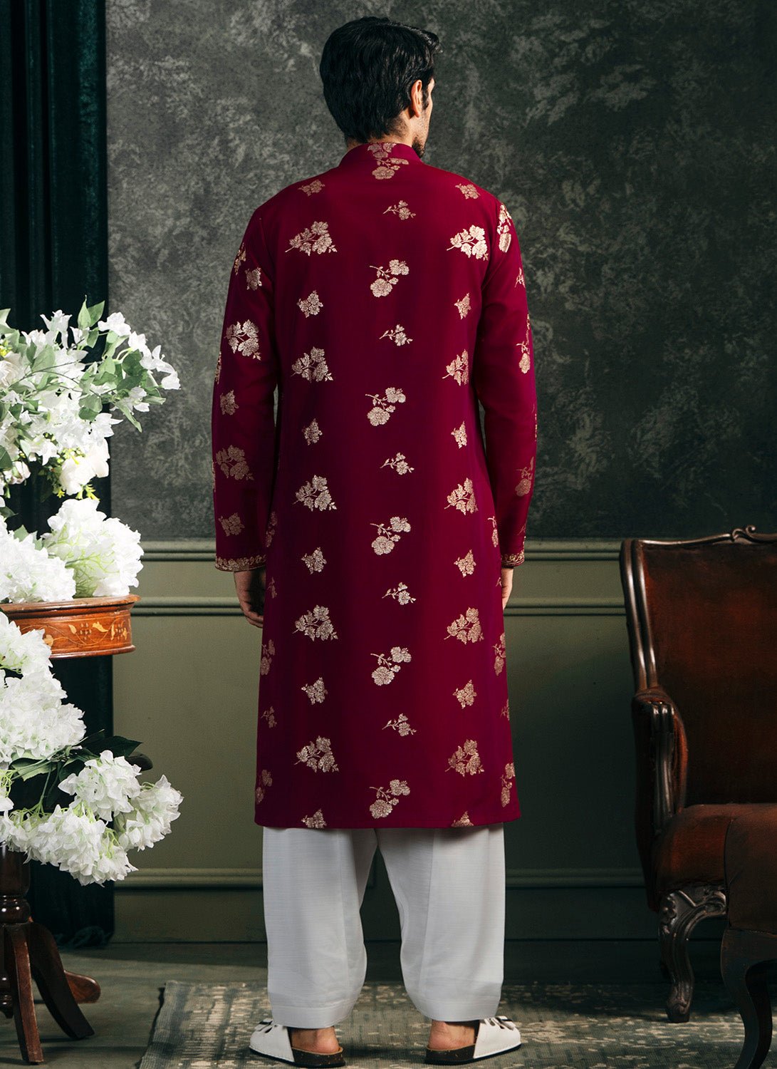 Wine Embroidered Brocade Kurta Set