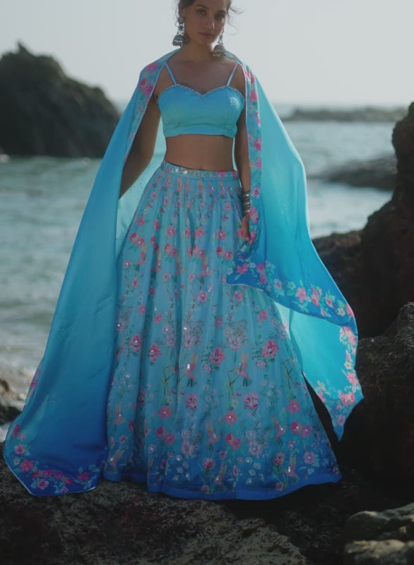 Light Blue Floral Printed Lehenga | Lashkaraa