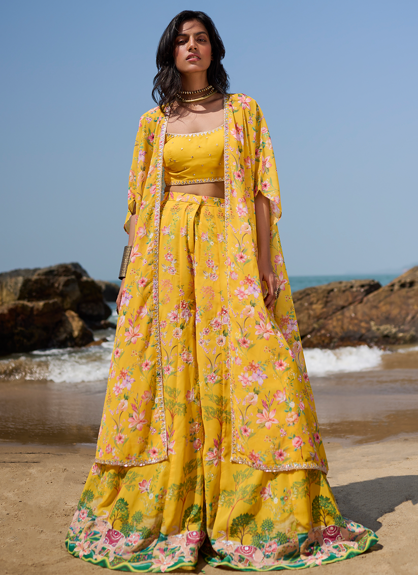 Yellow Floral Printed Crop Sharara Set – Lashkaraa