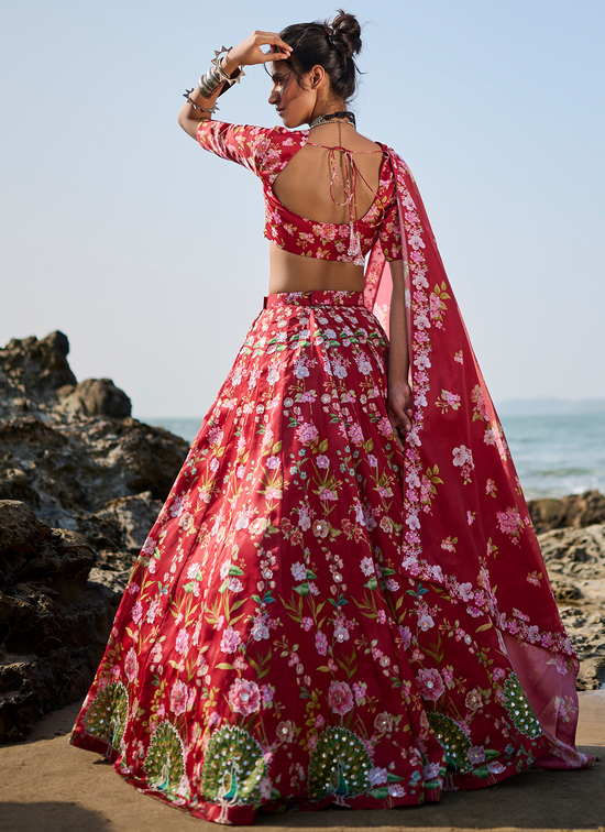 Deep Red Floral Printed Lehenga – Lashkaraa