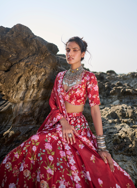 Deep Red Floral Printed Lehenga – Lashkaraa