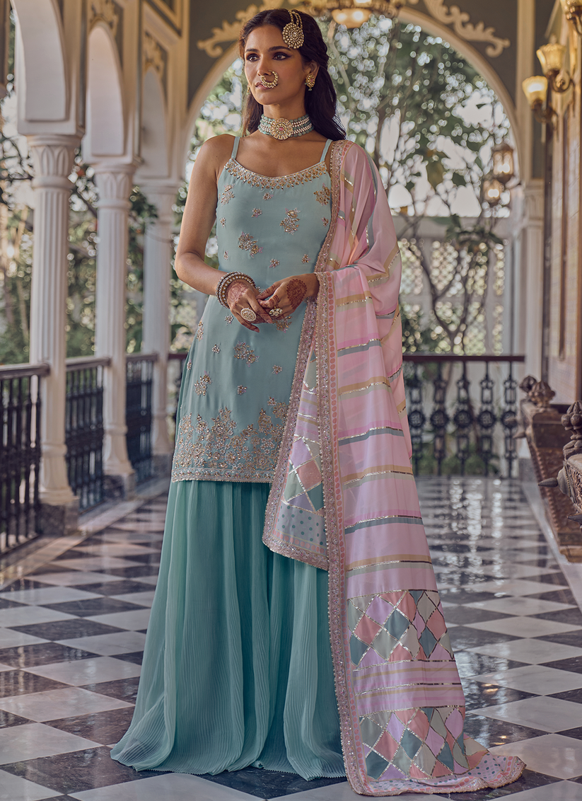Light Blue Embroidered Sharara Suit | Lashkaraa