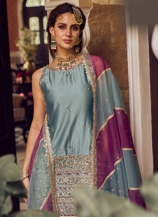 Light Blue Embroidered Gharara Suit – Lashkaraa