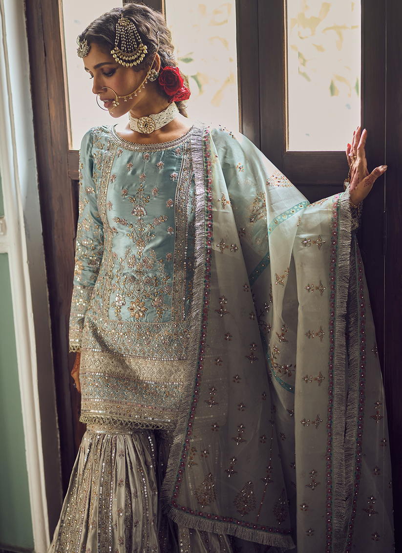 Dusty Blue and Grey Embroidered Gharara Suit | Lashkaraa
