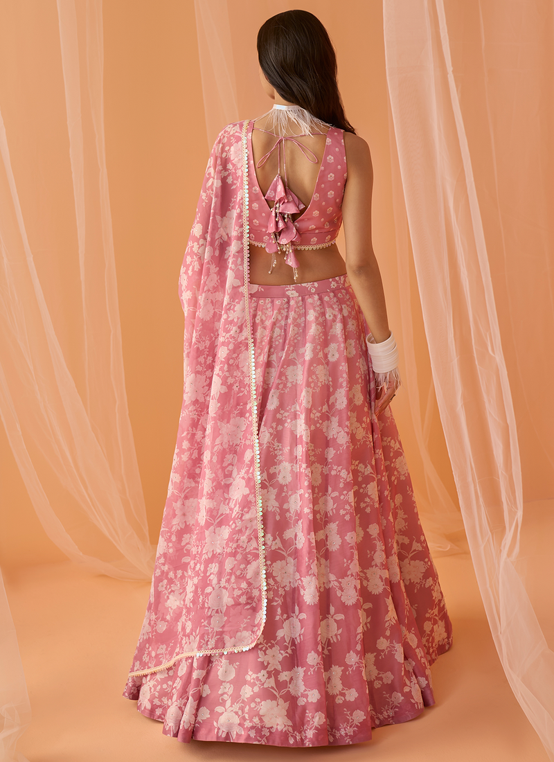Dusty Pink and White Floral Printed Lehenga | Lashkaraa
