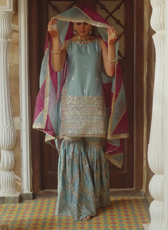 Light Blue Embroidered Gharara Suit – Lashkaraa