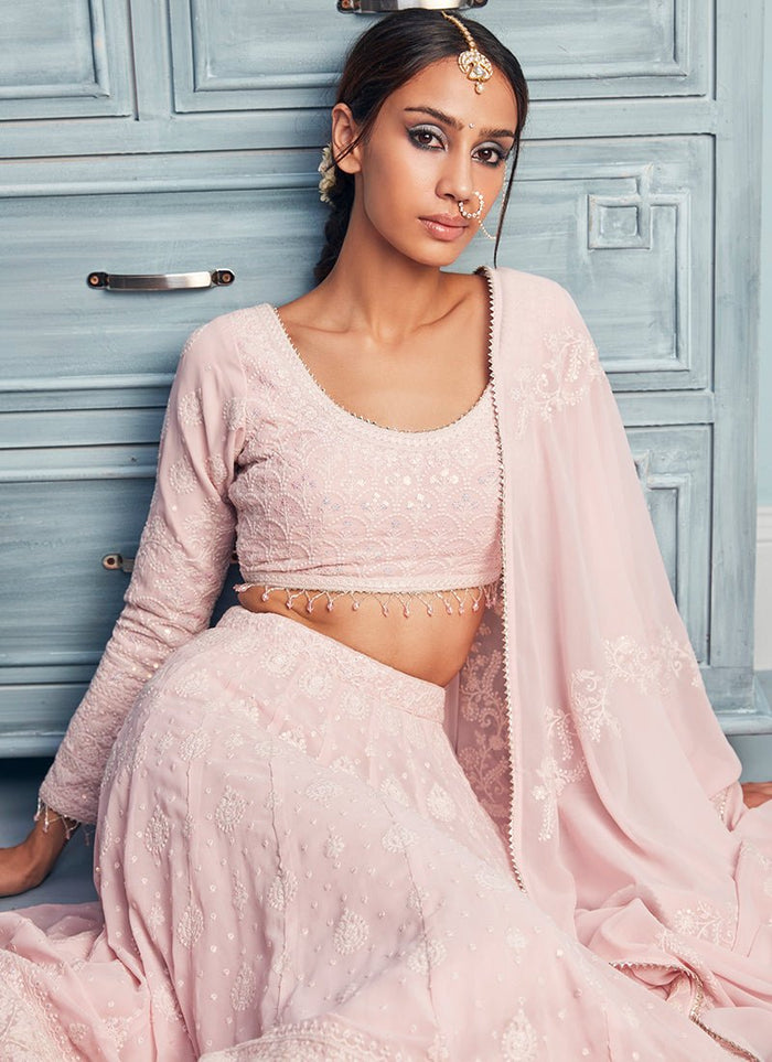 Blush Pink Thread Embroidered Lehenga | Lashkaraa