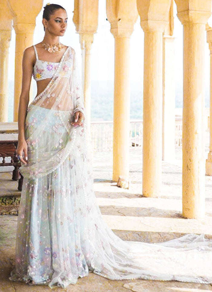 Dusty Blue Heavy Embellished Net Saree | Lashkaraa