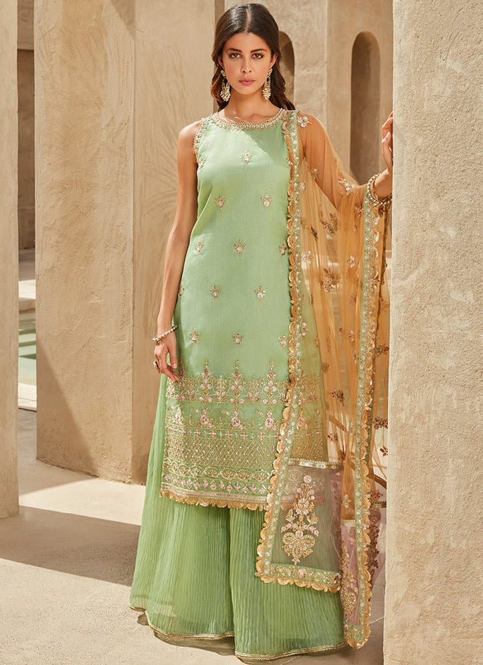 Dusty Green Embroidered Sharara Suit | Lashkaraa