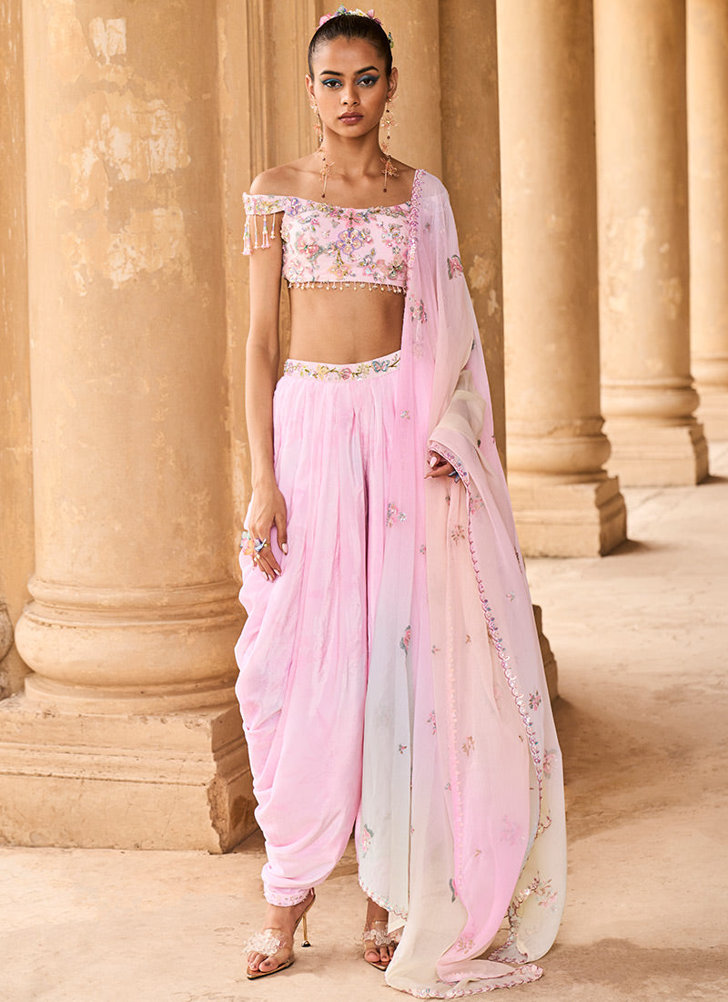 Soft Pink Off Shoulder Dhoti Style Suit – Lashkaraa