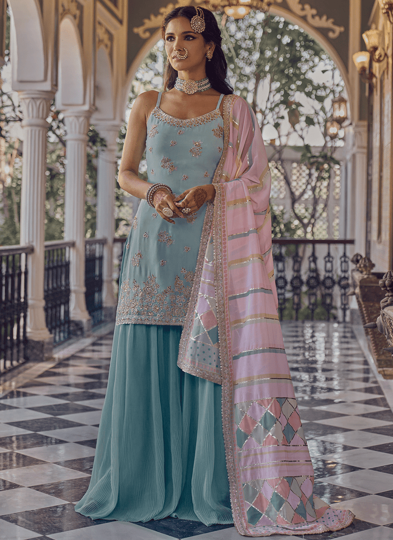 Light Blue Embroidered Sharara Suit | Lashkaraa